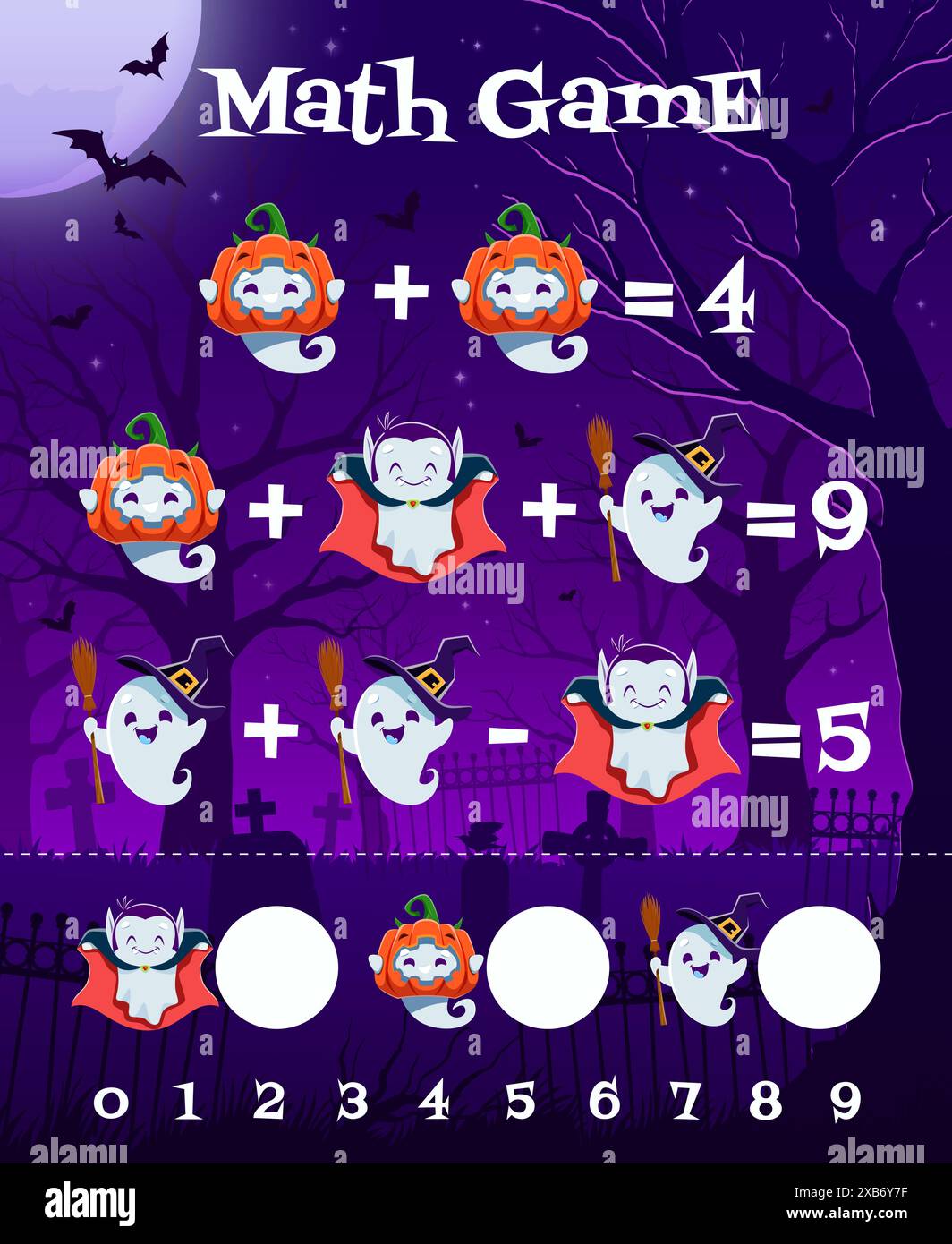 Halloween math game with cute kawaii ghosts on the night cemetery ...