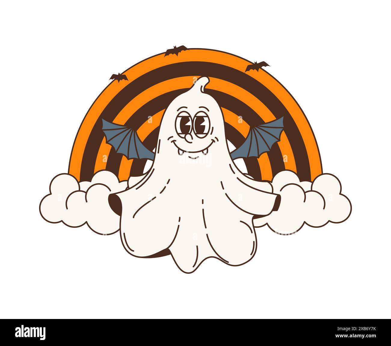 Cartoon retro groovy Halloween ghost character with vector vampire ...