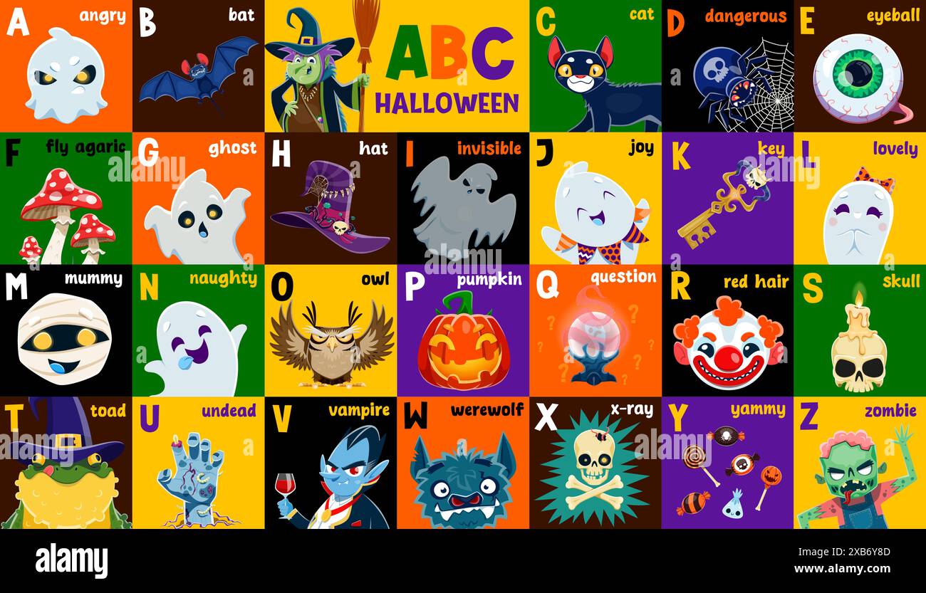 Halloween holiday alphabet, abc kids type. Vector letters with cartoon ...