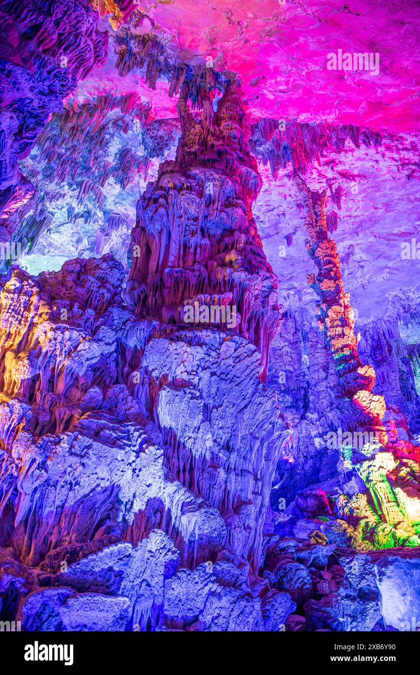 Colorful Reed Flute Cave In Guilin City Guangxi China Background