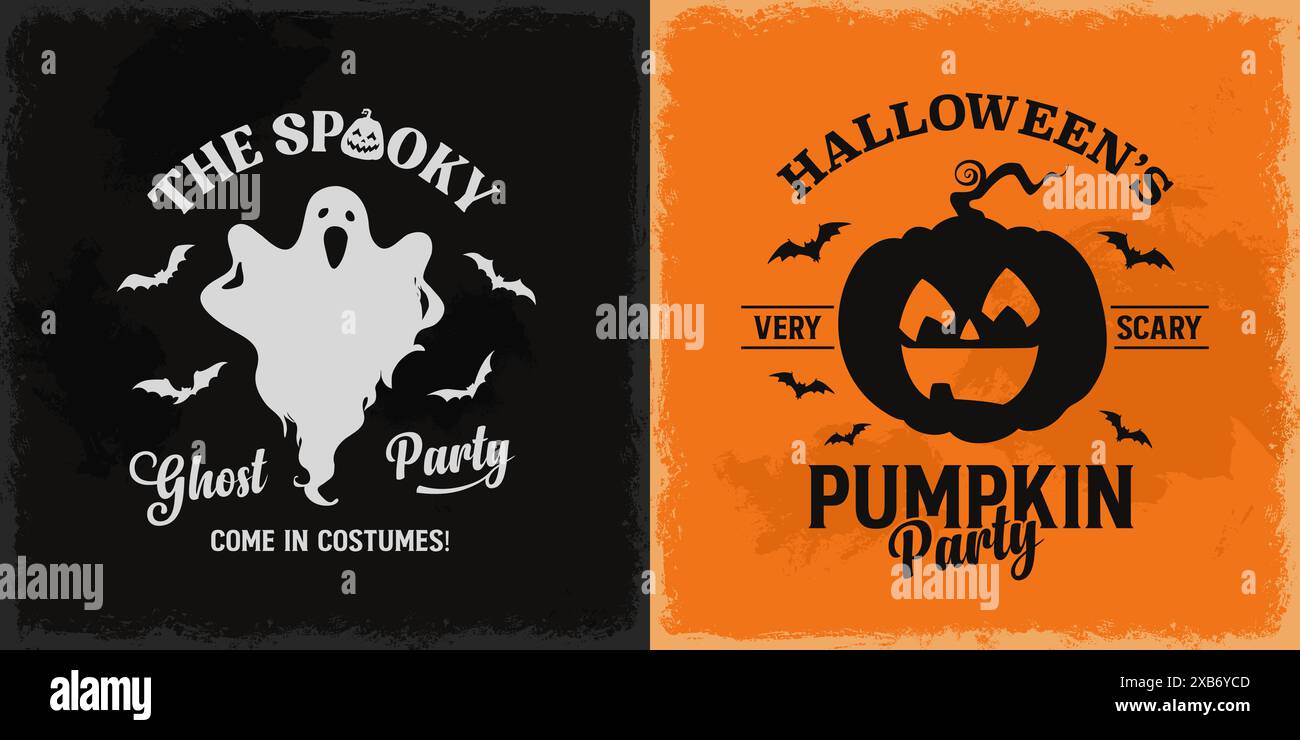 Halloween retro banners with pumpkin and spooky ghost for holiday ...