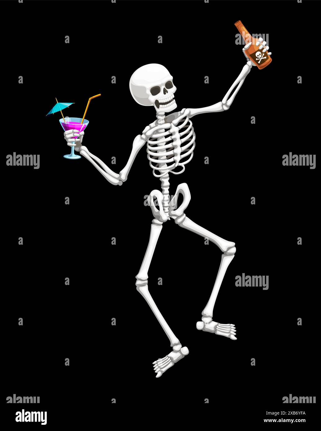 Halloween skeleton character drinking a beer and cocktail. Isolated ...