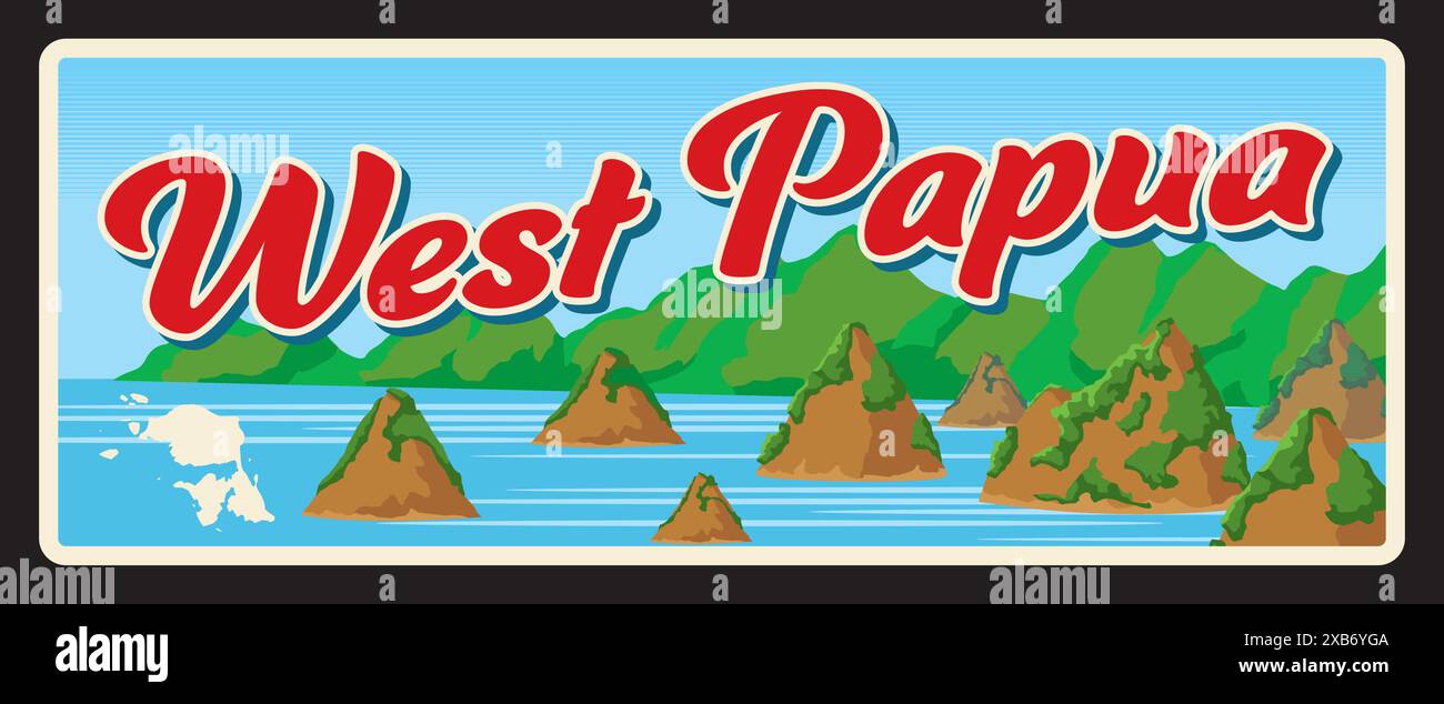 West Papua Indonesian province, old plaque with landscape and map ...