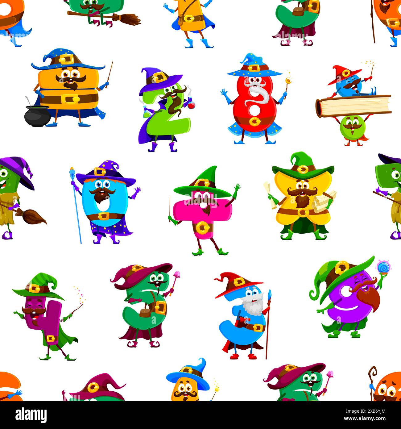 Halloween math number wizard and mage characters seamless pattern ...