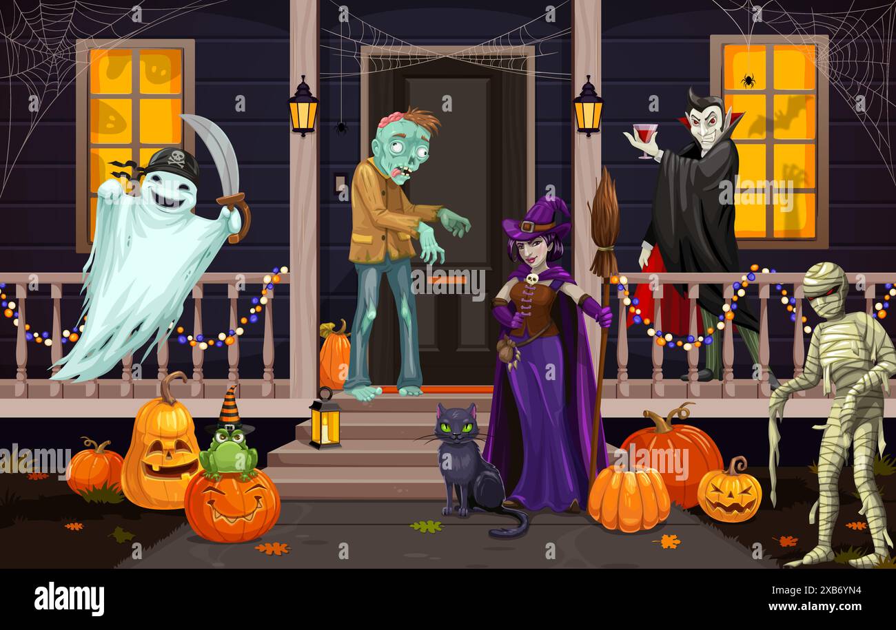 Halloween scary characters at holiday decorated door porch. Fall season ...