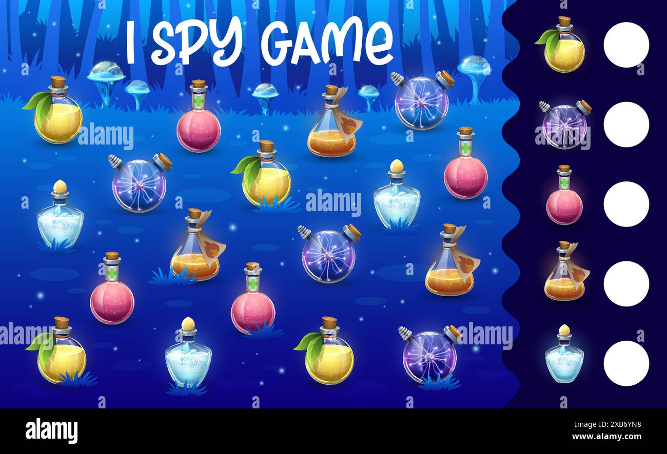 Halloween kids I spy game with witch magic potion bottles on fairy ...