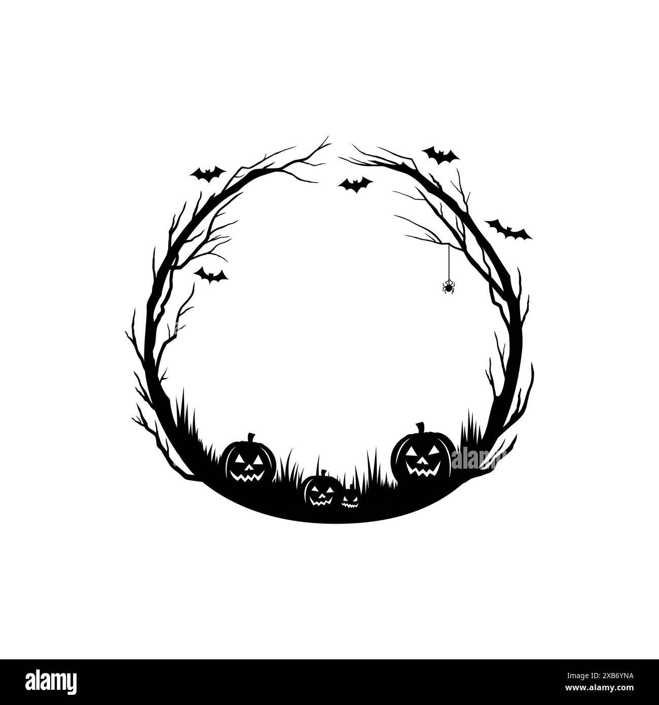 Halloween black frame with pumpkins, bats and spider on cobweb in ...