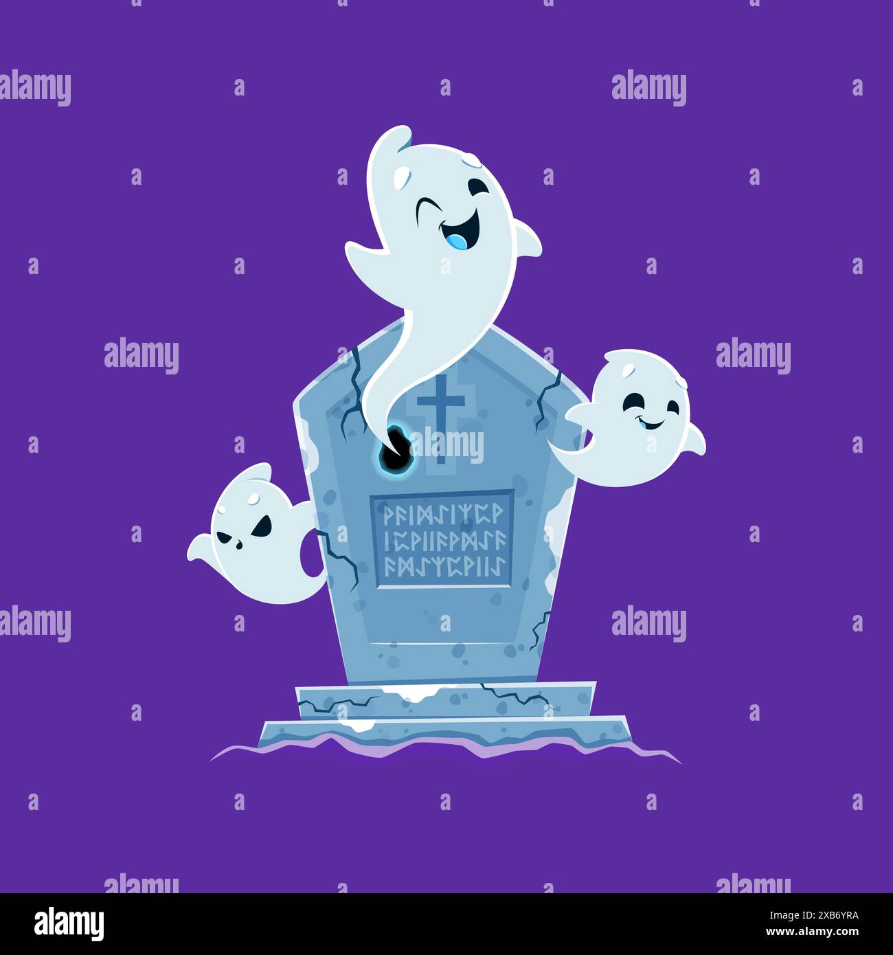 Cartoon Halloween scary ghost characters near tombstone. Vector ...