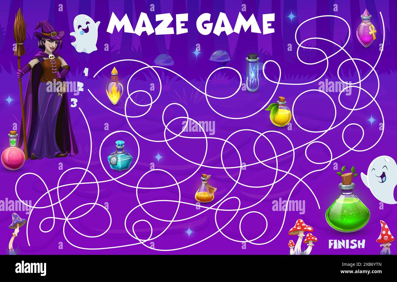 Halloween labyrinth maze, help to witch find magic potion bottle ...