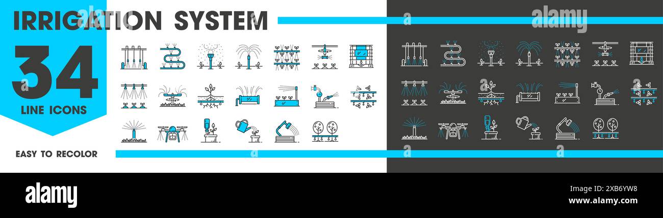 Drip water irrigation system line icons of garden and farm field ...