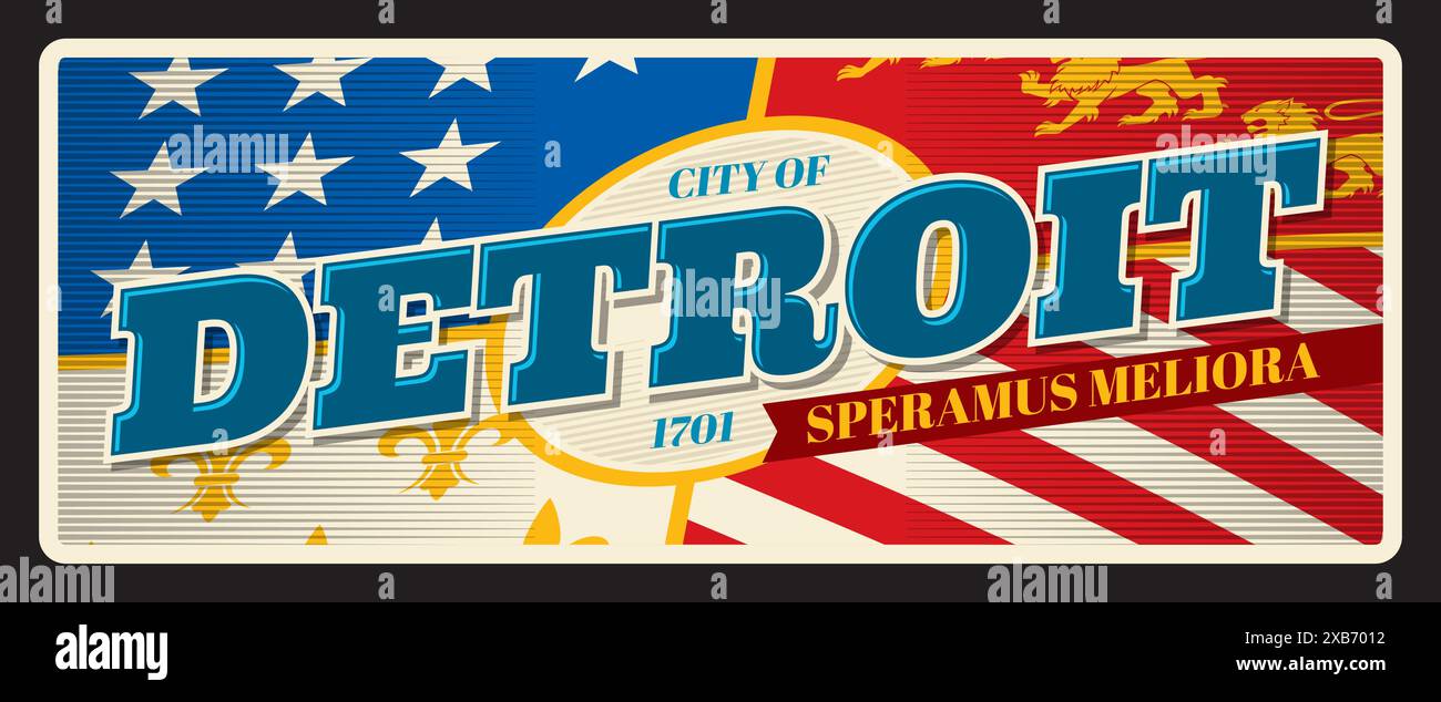 Detroit american city retro travel plate, tin sign, tourist sticker ...