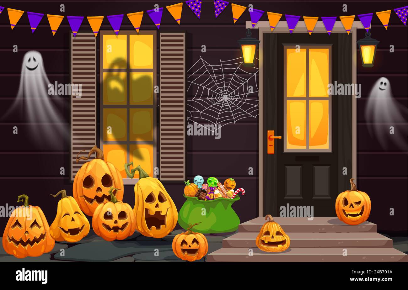 Halloween decorated door porch with funny ghosts, holiday sweets bucket ...