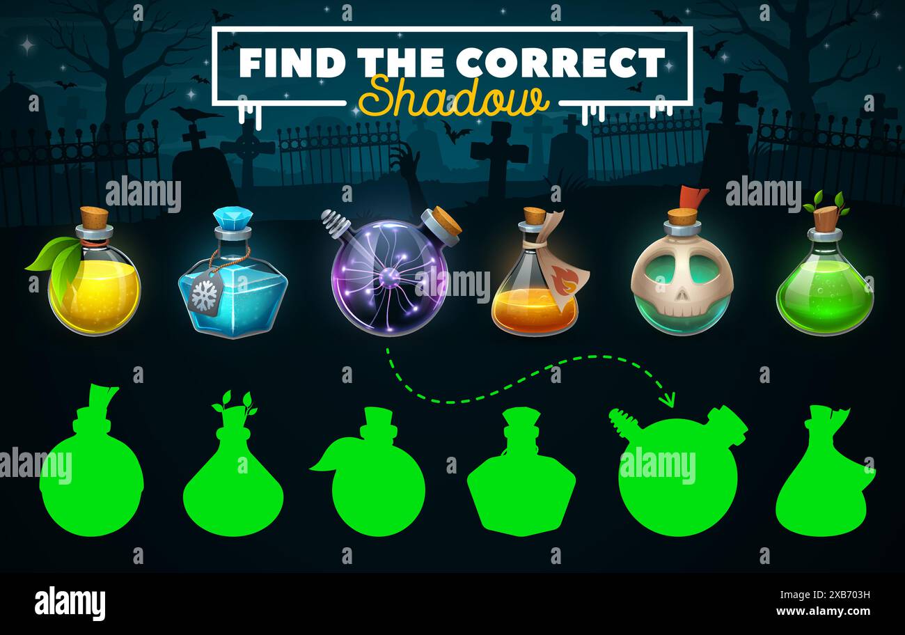 Halloween game worksheet, find the correct shadow of fairytale potion ...