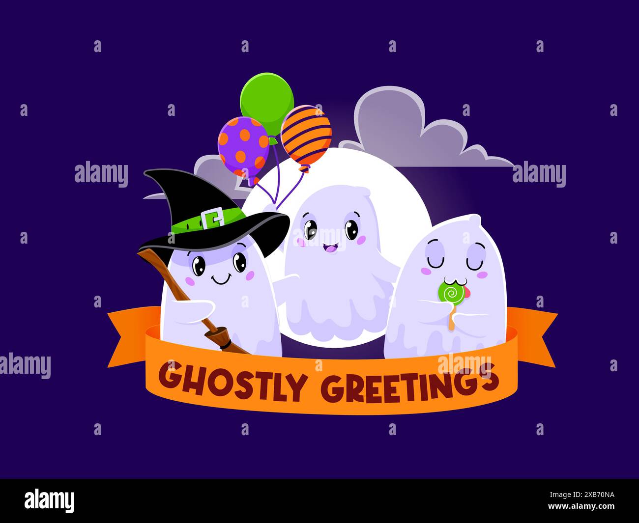 Halloween kawaii ghost characters. Vector banner with delightfully cute ...