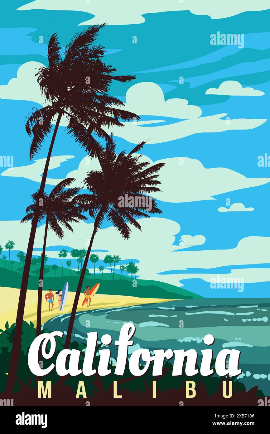 California Malibu Beach retro travel poster vector Stock Vector Image ...