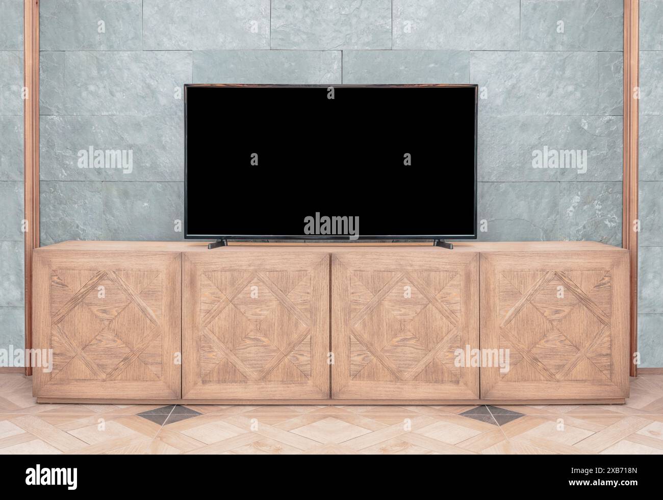 LCD led tv with blank black screen standing on wooden television ...