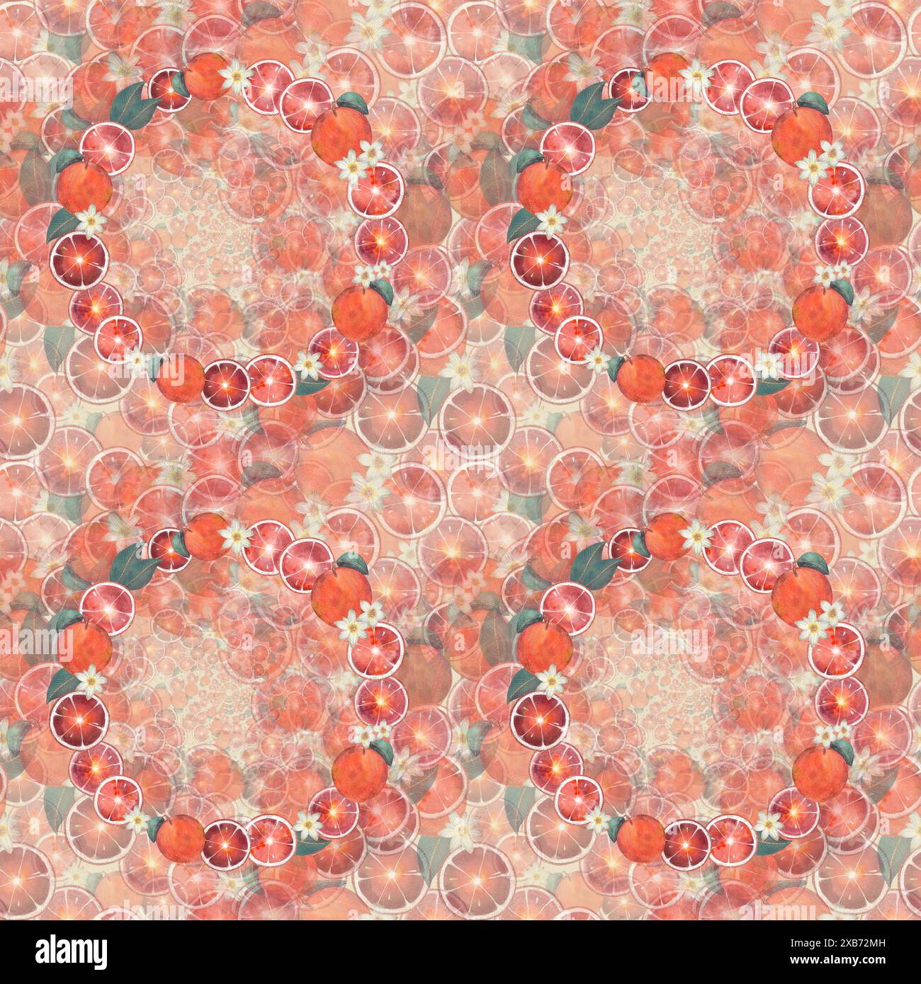 A vibrant circular pattern showcases citrus fruits, flowers, and light ...