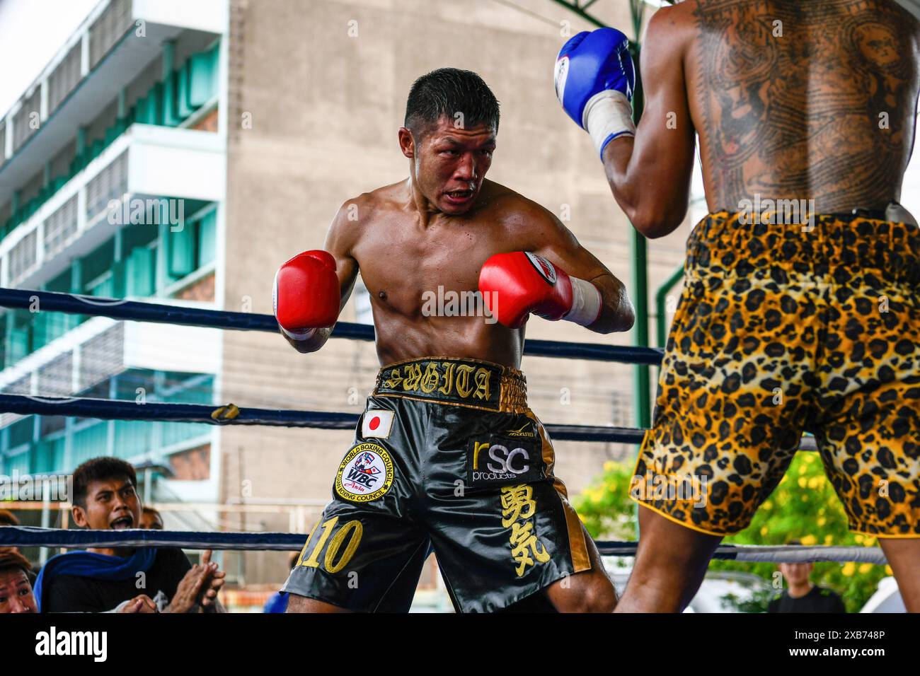 Bangkok, Thailand. 10th June, 2024. Daisuke Sugita (L) and Wira Mikham(R) in action during a WBC ...