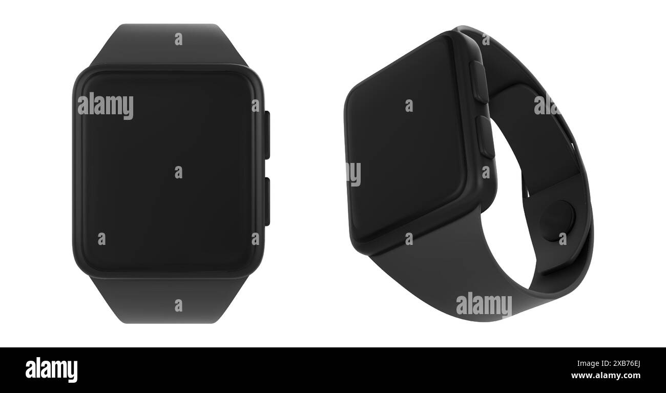 Smartwatch with blank screen and black wrist band front and side angle ...