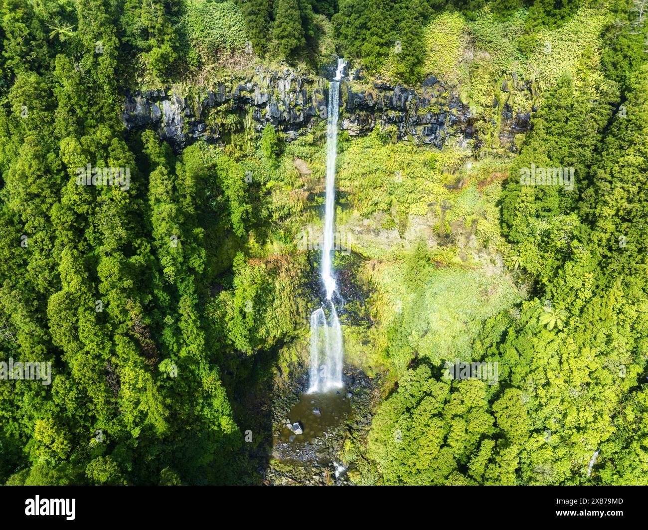 Aerial view of a remote waterfall Grená in Furnas surrounded by a dense ...