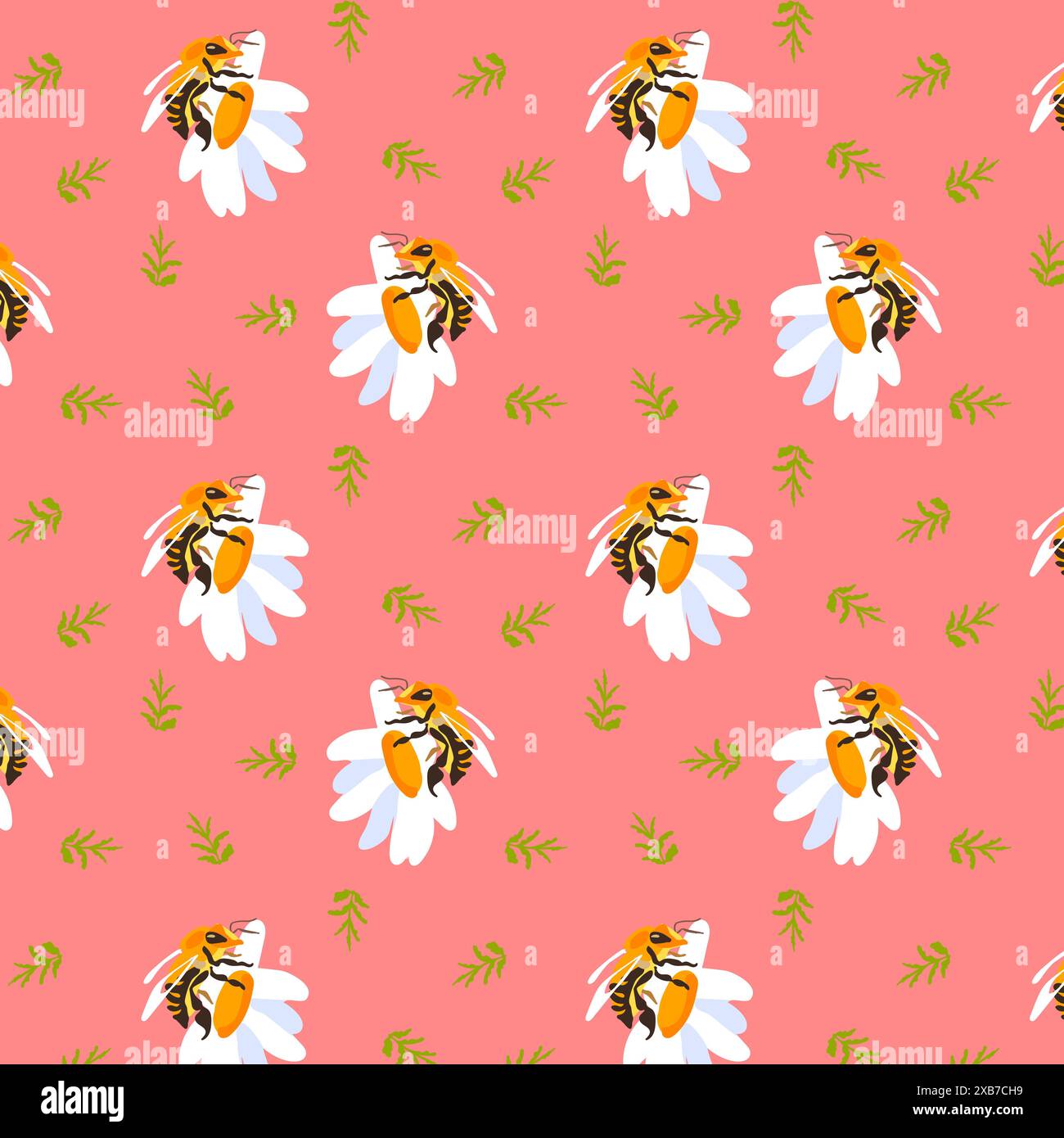 Seamless pattern wildflower daisy bees Garden flower graphic card Red ...