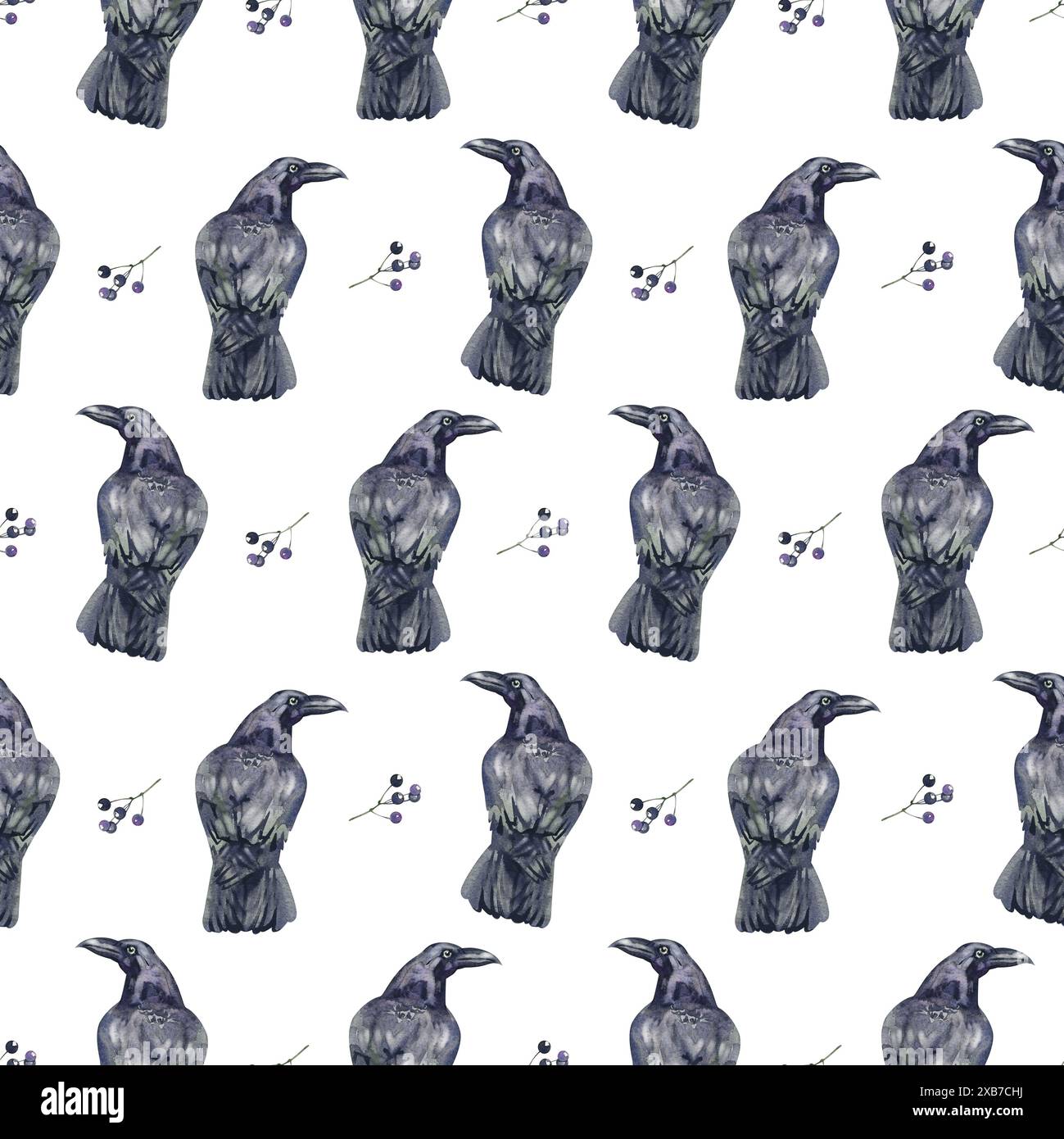 Seamless pattern with crows. Birds are sitting. Watercolor painting by ...