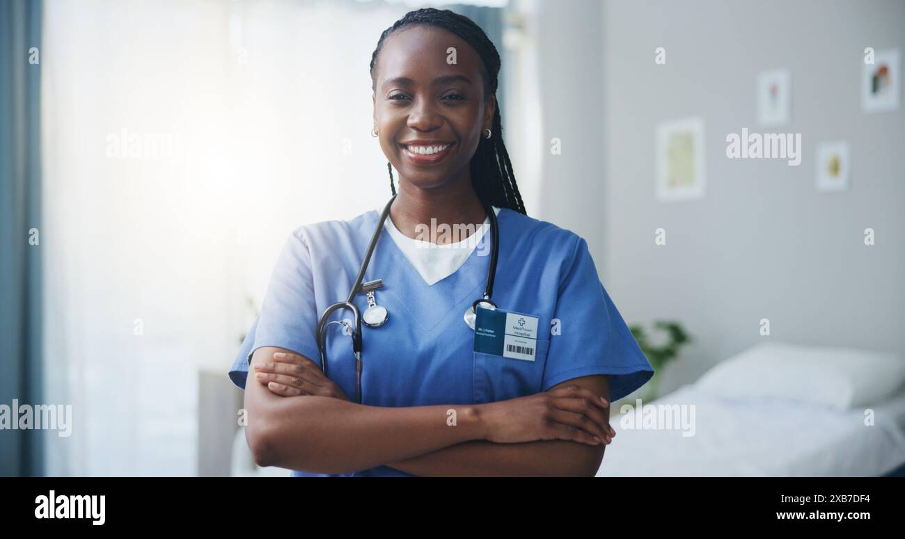 Healthcare, nurse and portrait of black woman with arms crossed for ...