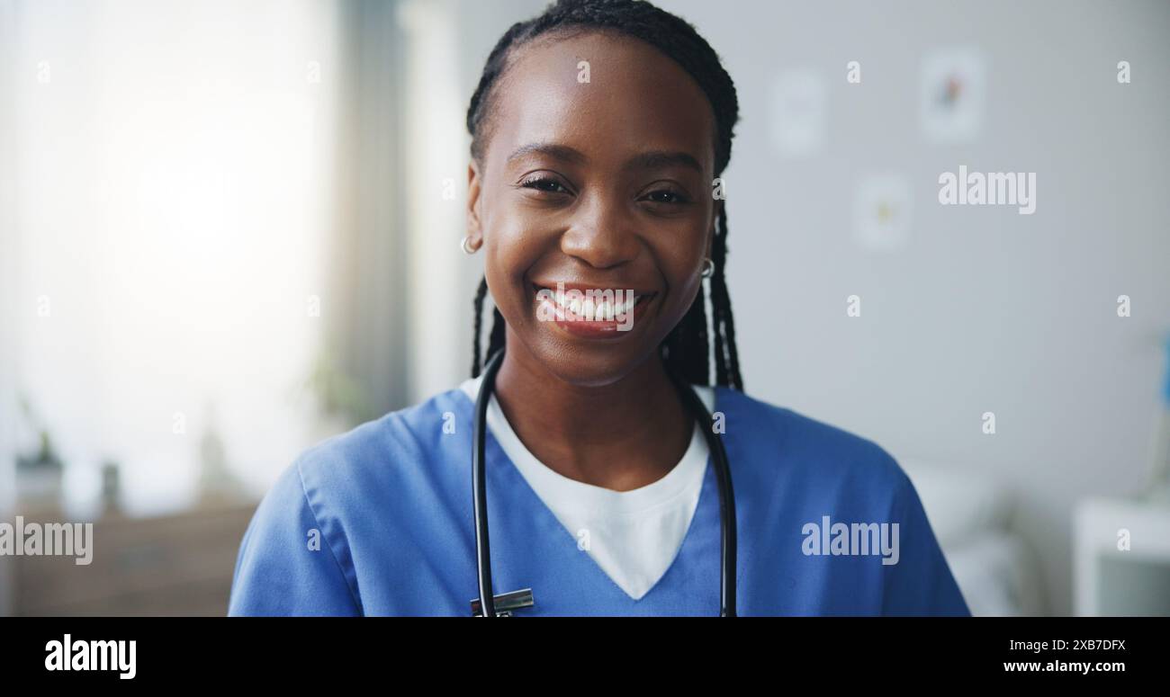 Healthcare, nurse and portrait of black woman with smile for medical ...