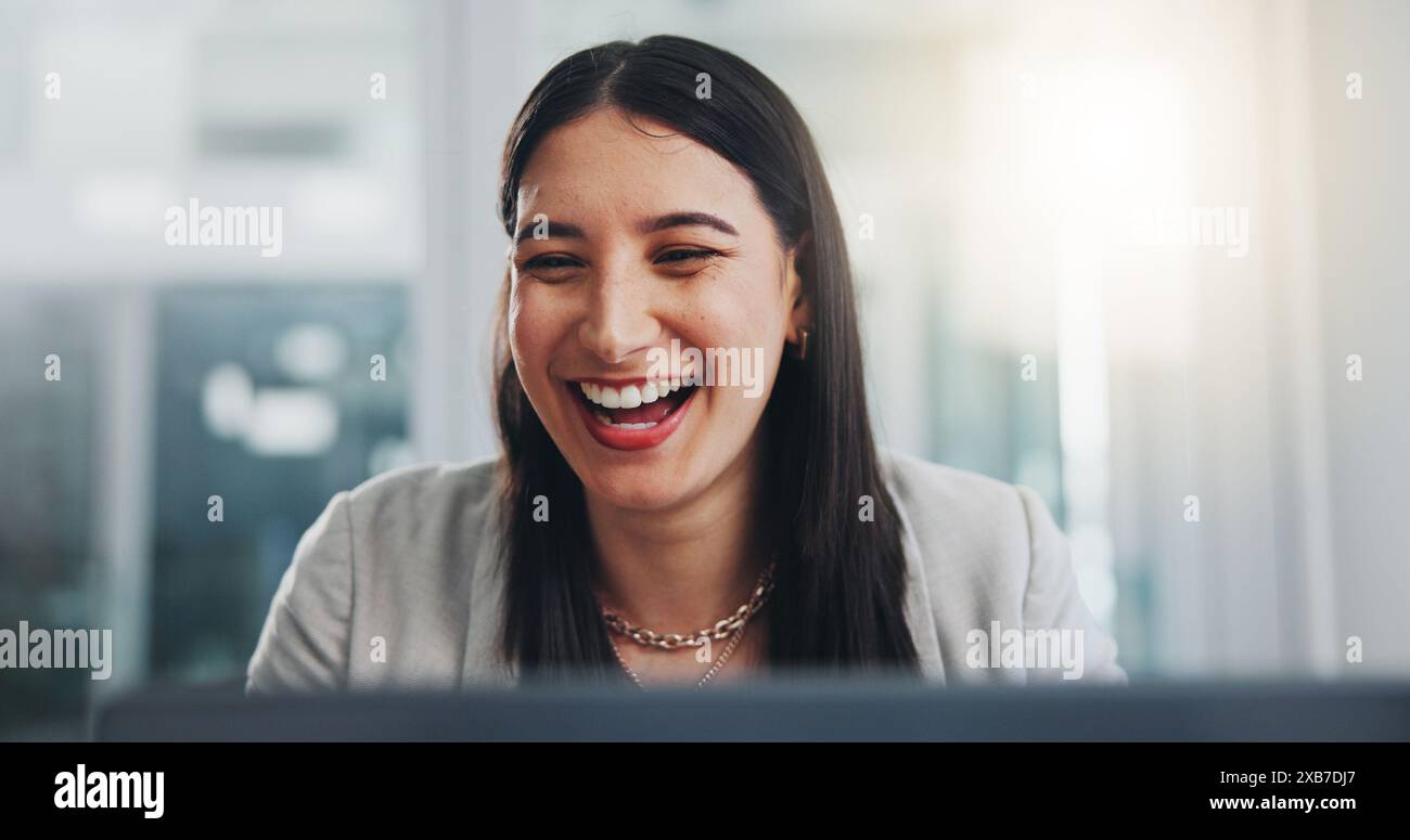 Businesswoman, funny and laughing with laptop in office for project ...