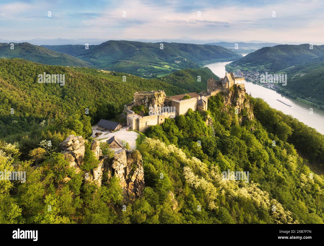 Austria castle with Danube valley - Aggstein ruin and Danube river at ...