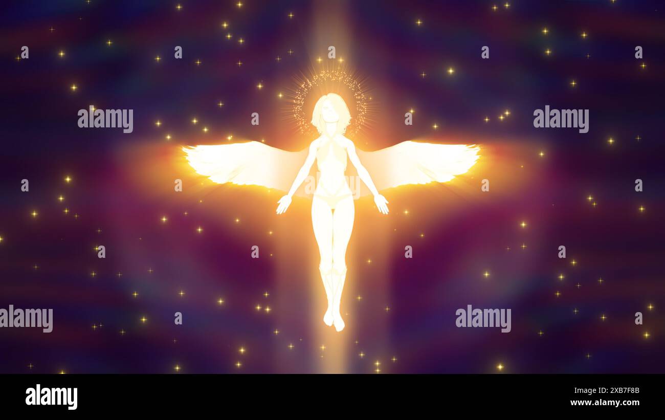 3d illustration of a beautiful shining angel flying sparingly in space ...