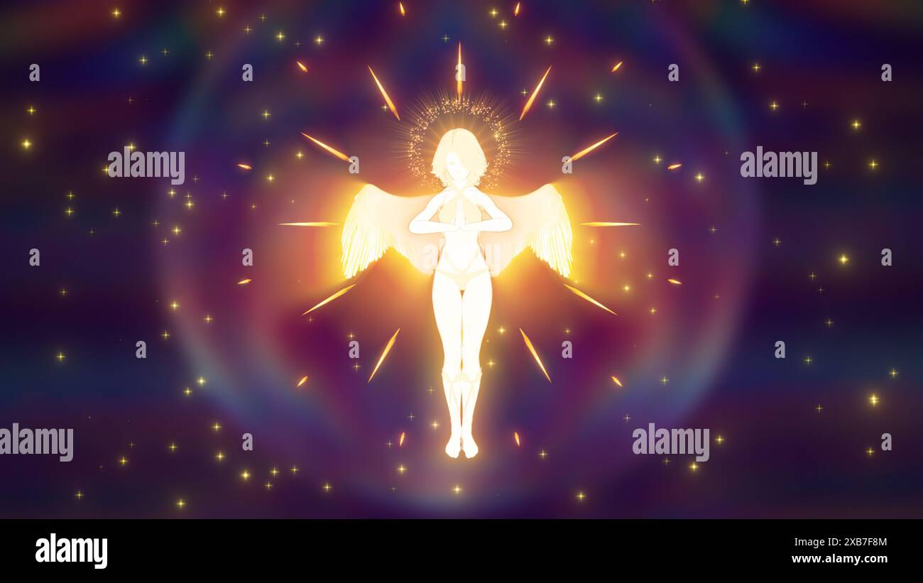 3d illustration of a beautiful shining angel flying sparingly in space ...
