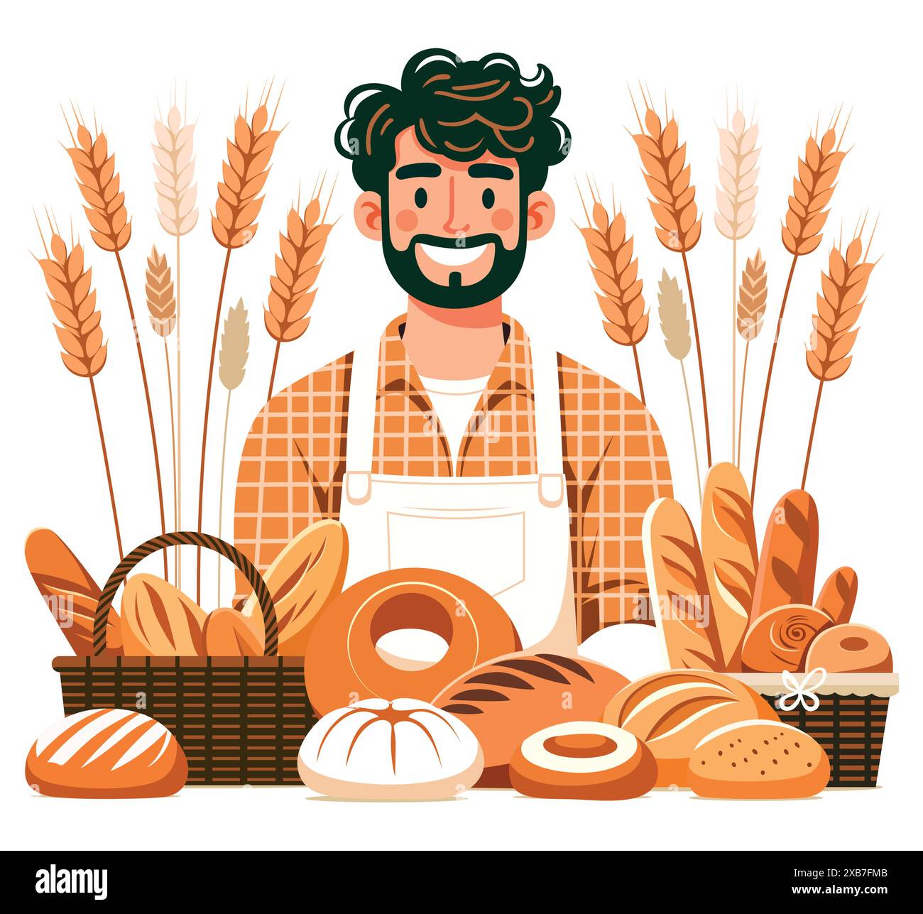 Illustration of a smiling baker with a beard standing behind an ...