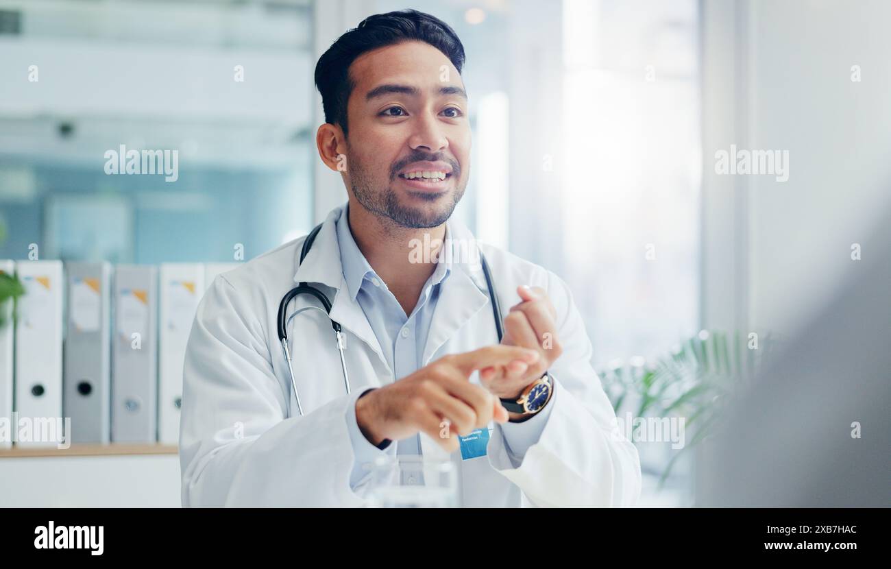 Happy man, doctor and consulting with patient for procedure, steps or ...