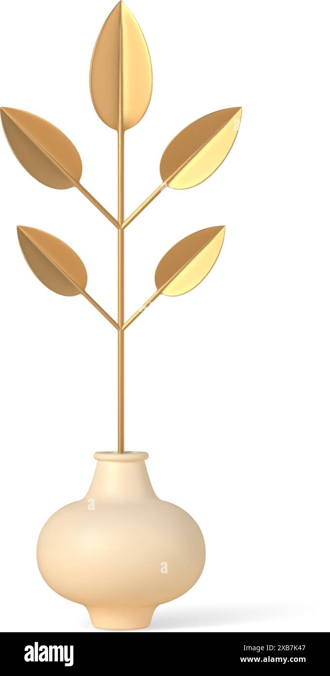 Golden twig 3d with leaves in pot vector template. Bright decor with ...