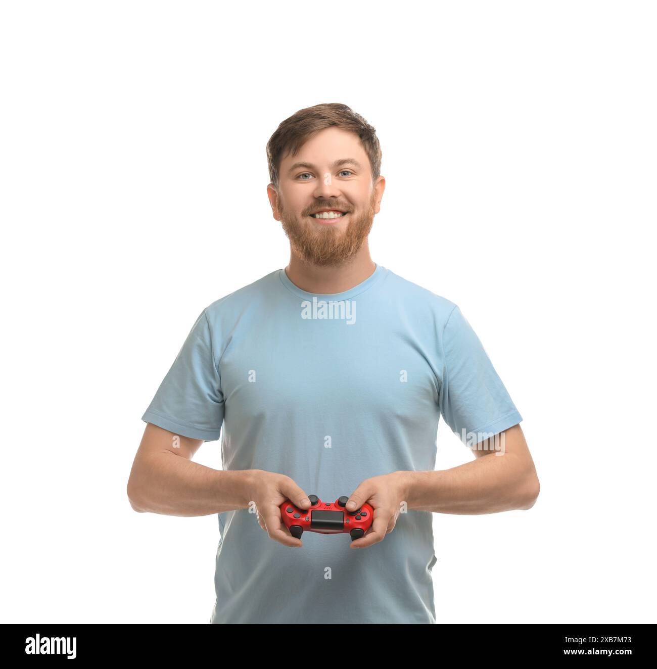 Happy man with game controller on white background Stock Photo - Alamy