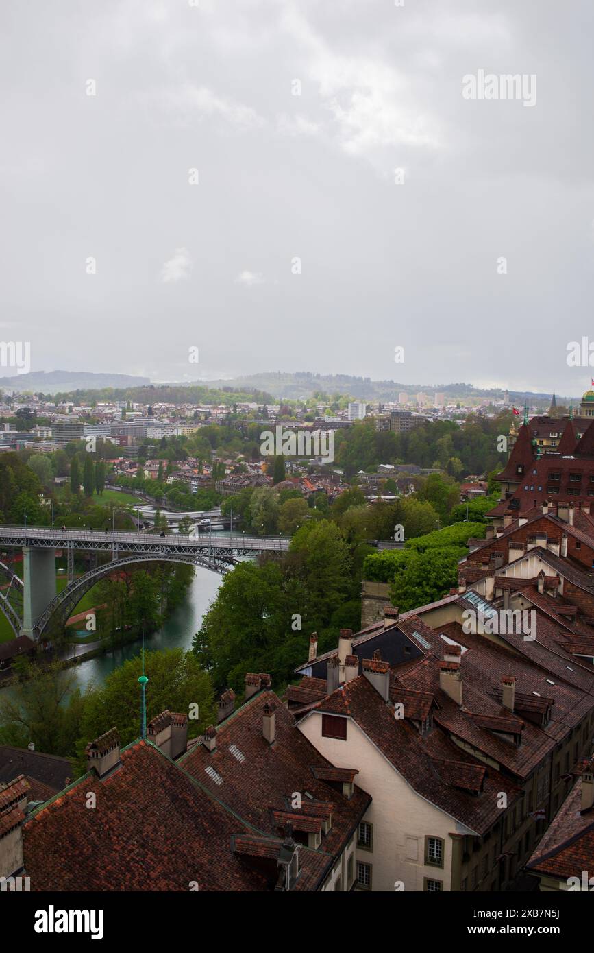 An aerial view of Bern with historical buildings along the riverbank ...