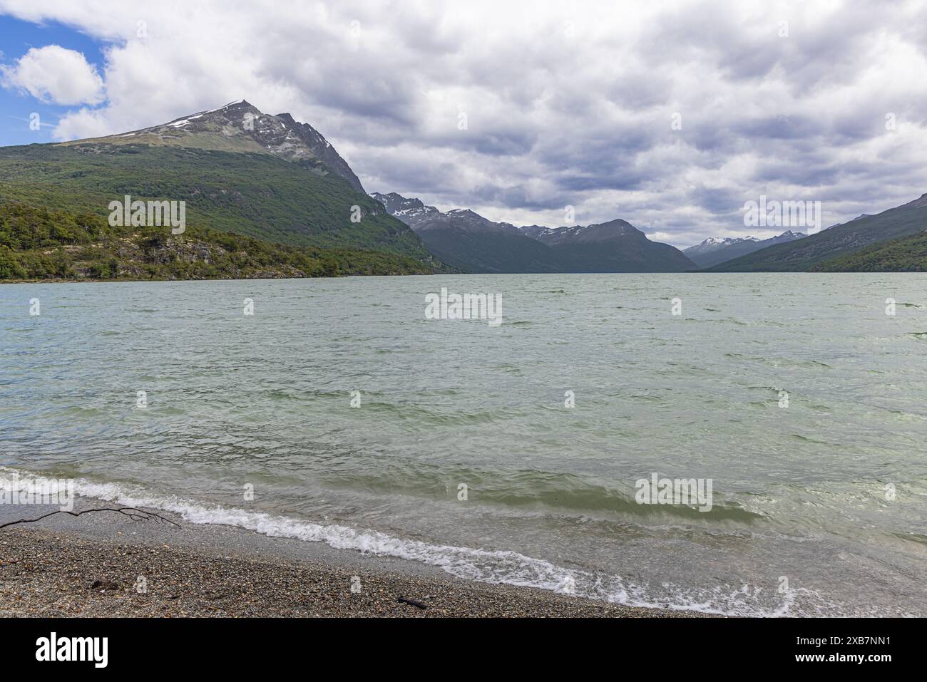 View of Lake Acigami fed by the Lapataia River with mountains in Chile ...