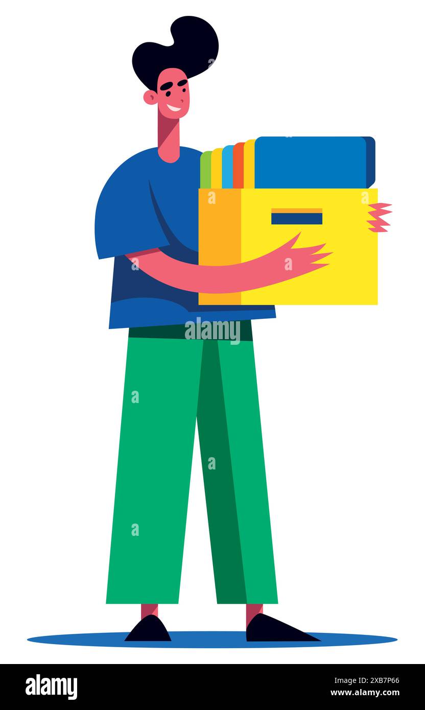 Illustration of a smiling man holding a yellow box filled with colorful ...