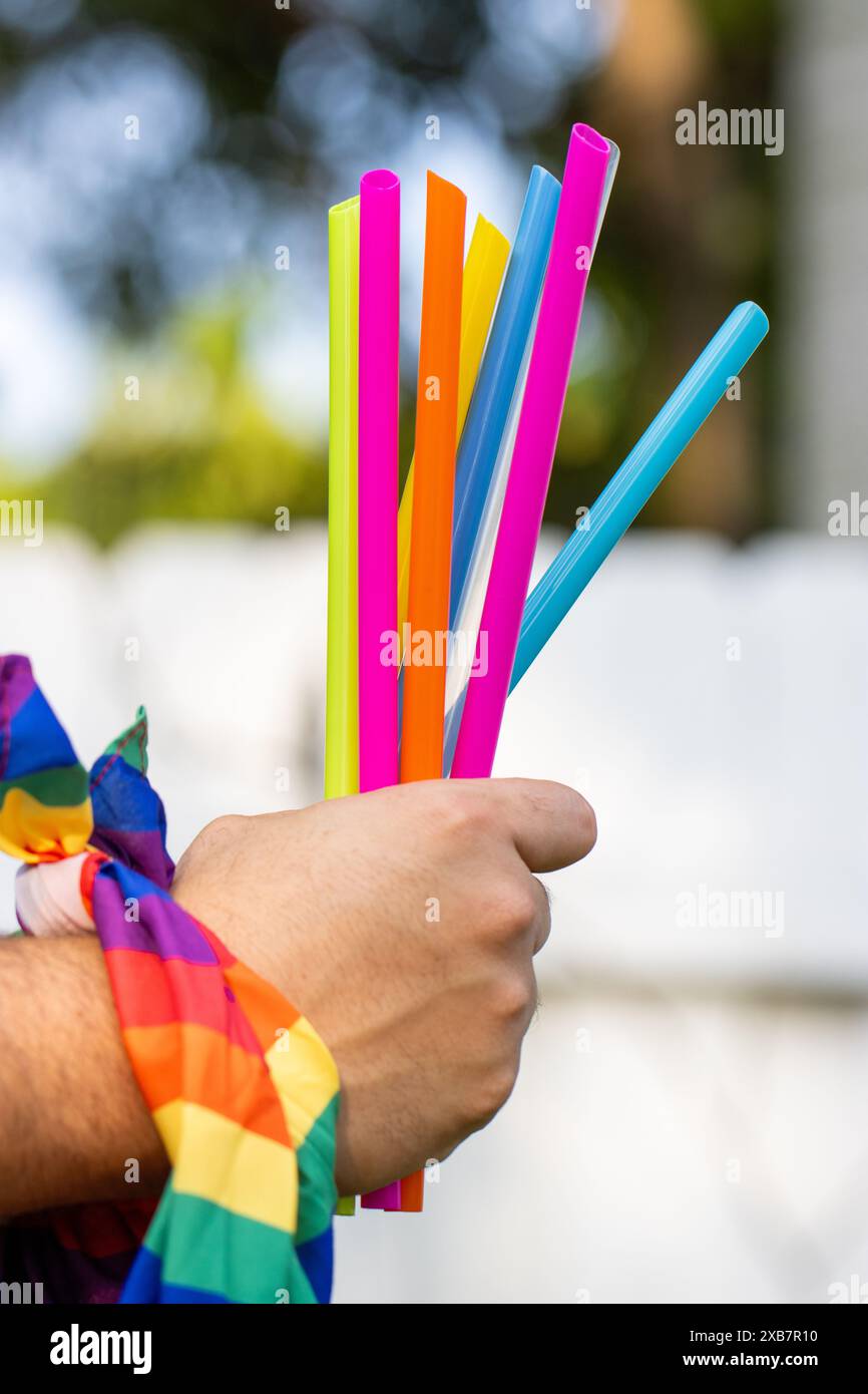 The pride celebration decor with rainbow-colored items in nature Stock ...