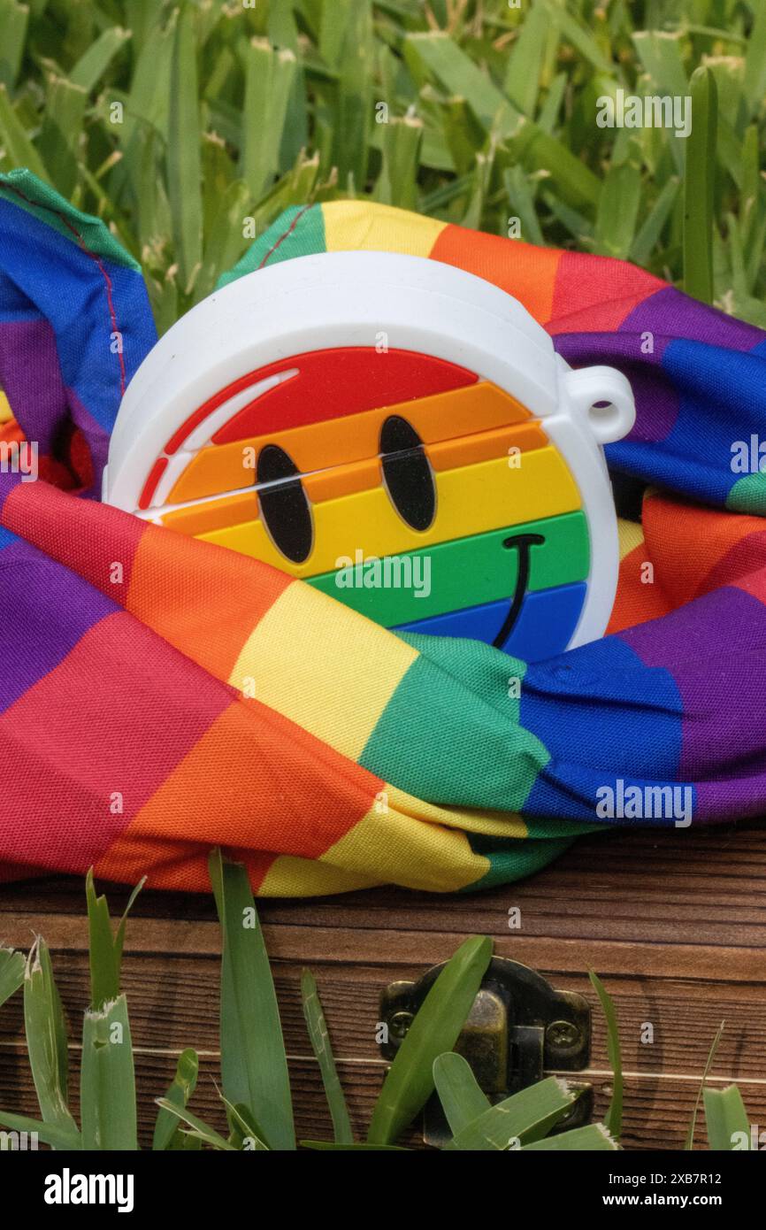 The pride celebration decor with rainbow-colored items in nature Stock ...