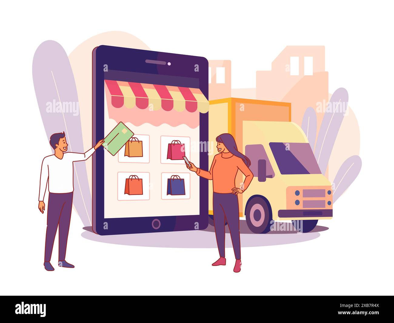 People in online store. Happy couple select and pay for purchases with ...