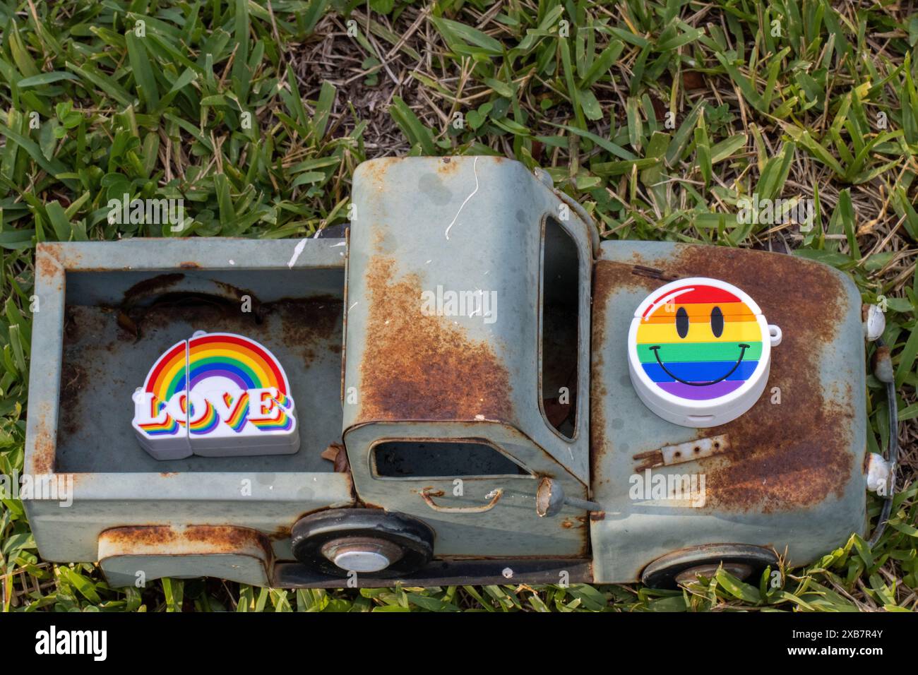The pride celebration decor with rainbow-colored items in nature Stock ...