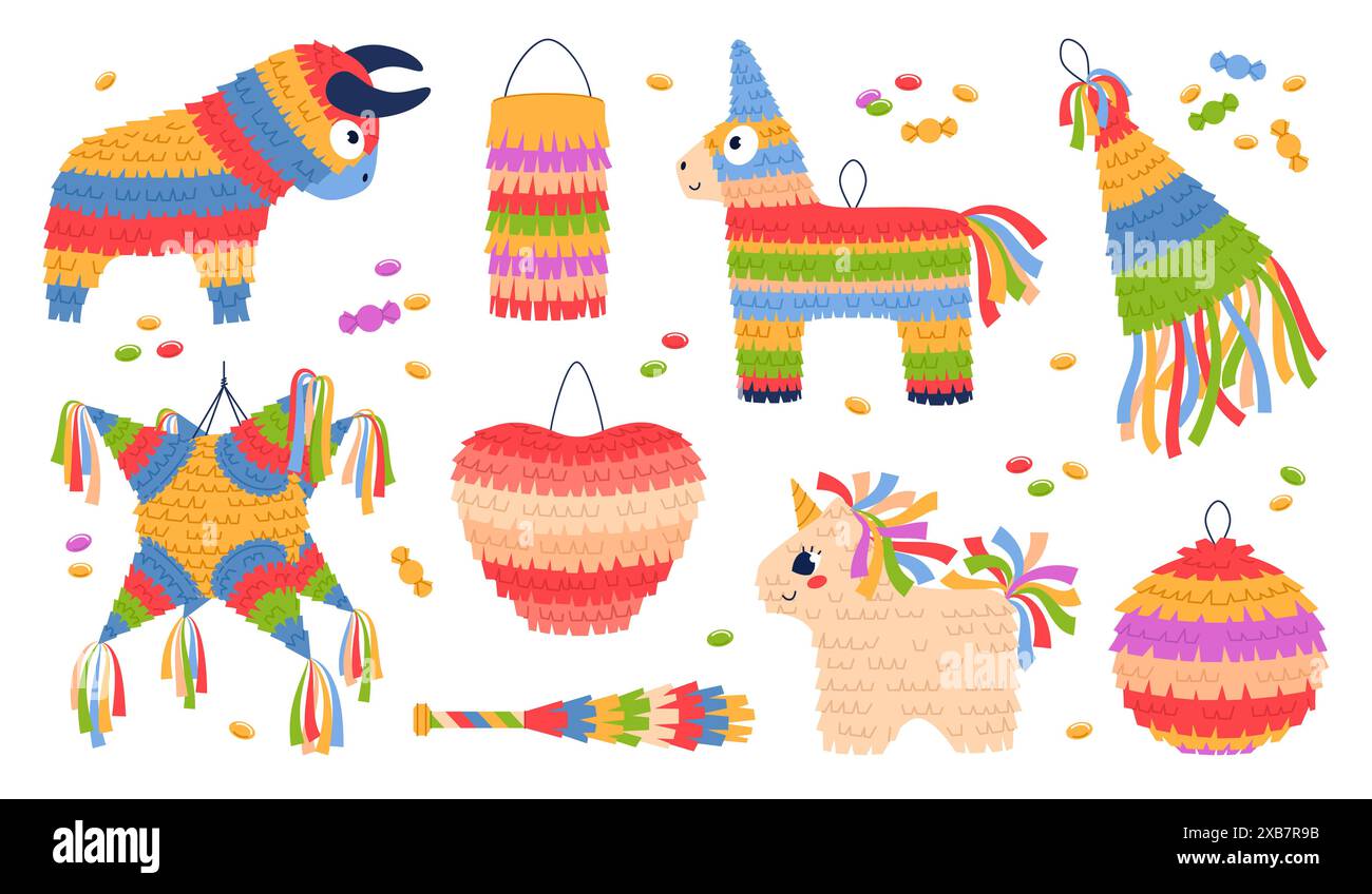 Mexican holiday pinatas. Color paper kids party decorations, colofrul ...