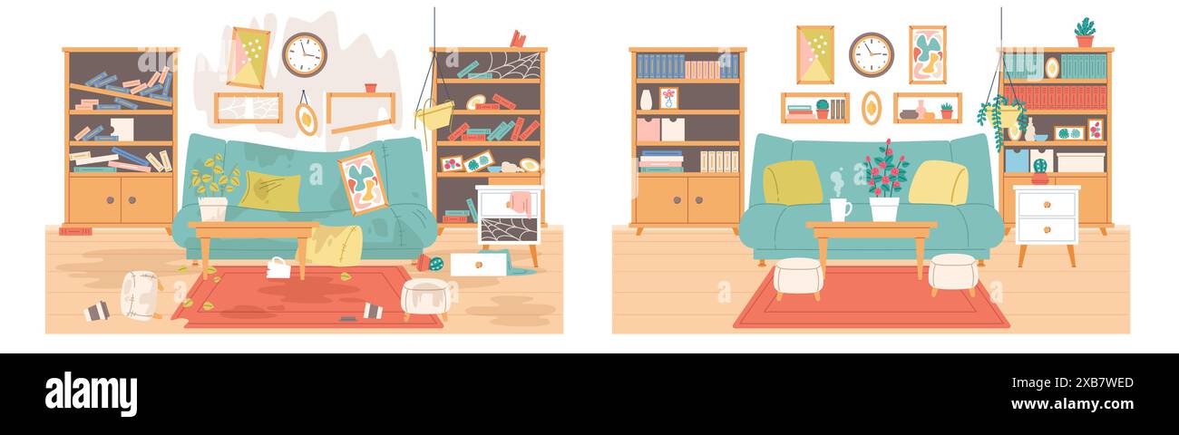 Clean and dirty living room. Messy apartment with old broken furniture ...