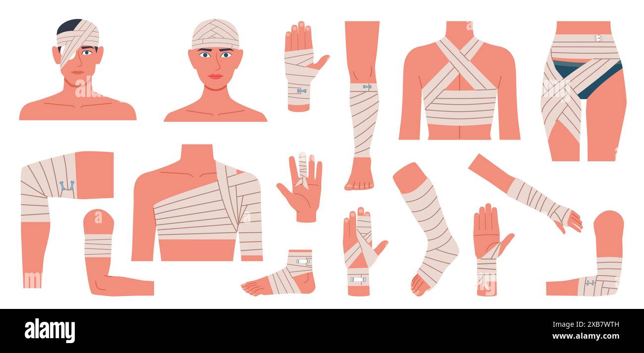 Bandaged body parts. Physical injured with applied bandages, protected ...
