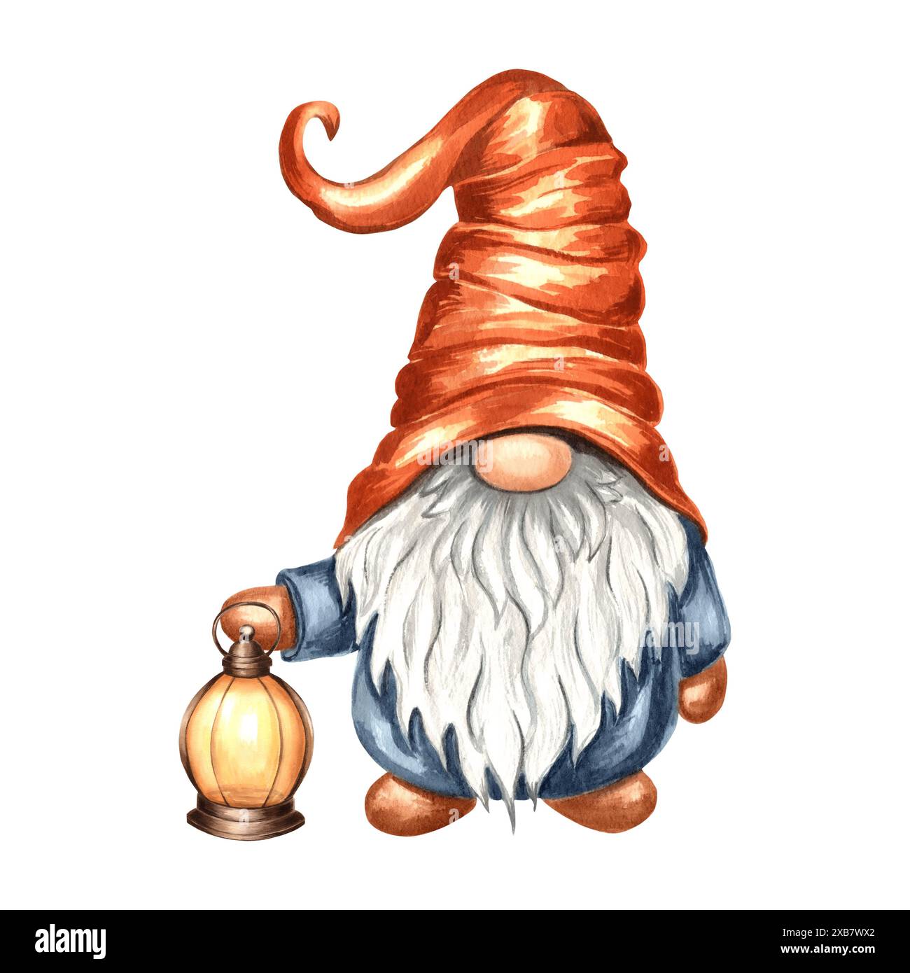 Gnome with oil lamp. Nordic magic dwarfs and burn lantern. Hand drawn ...