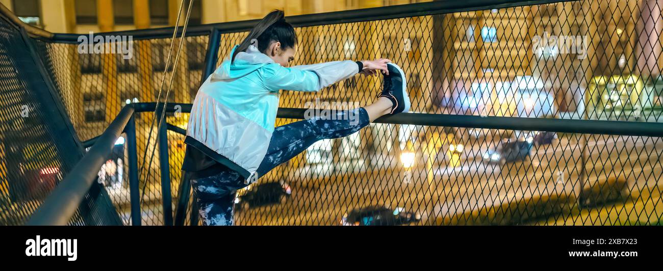 Banner of young brunette woman athlete stretching her legs over bridge ...