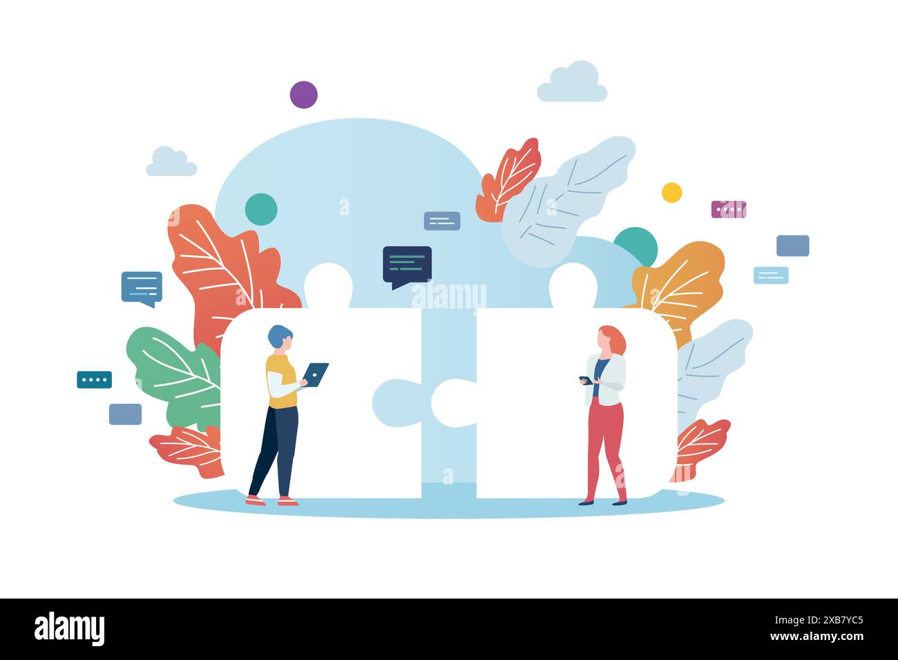 Business people pushing two jigsaw pieces together. Business teamwork. Vector illustration Stock ...