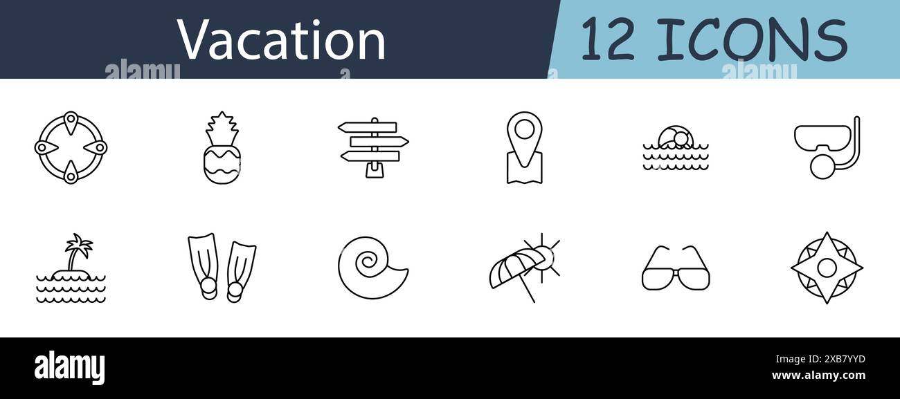 Vacation set icon. Includes beach, snorkeling, island, travel, and ...